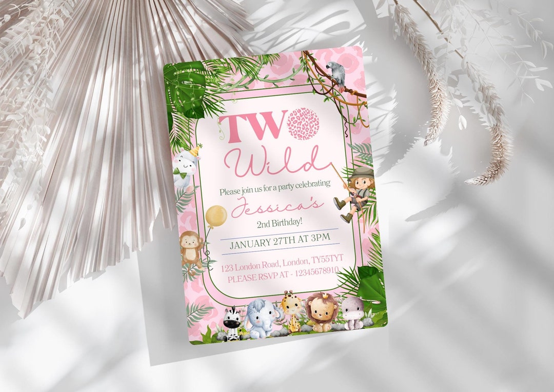 Editable Safari Birthday Invitation, Girl Two Wild Invite, Pink Leopard ...