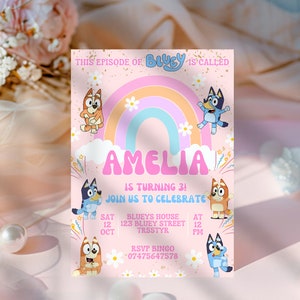 EDITABLE Bluey Pink 3rd Birthday Invitation, Digital 5x7 Template ...