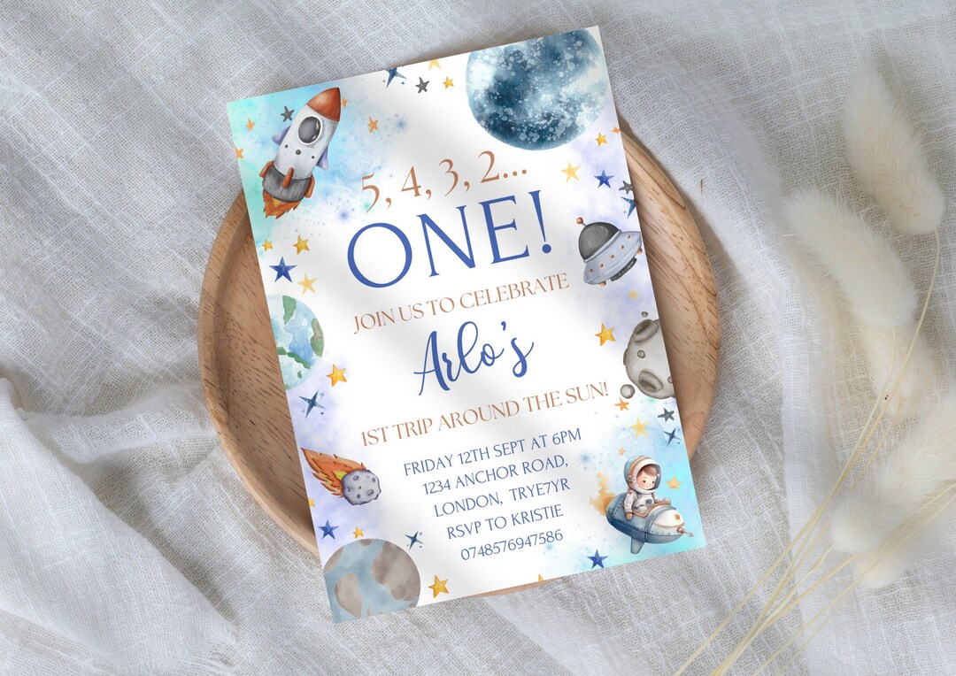 First Trip Around the Sun Birthday Invite | Outer Space First Birthday ...