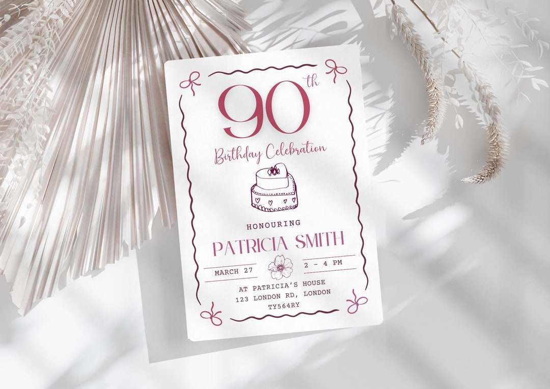 Editable 90th Birthday Party Invite, Simple 90th Birthday Invitation ...