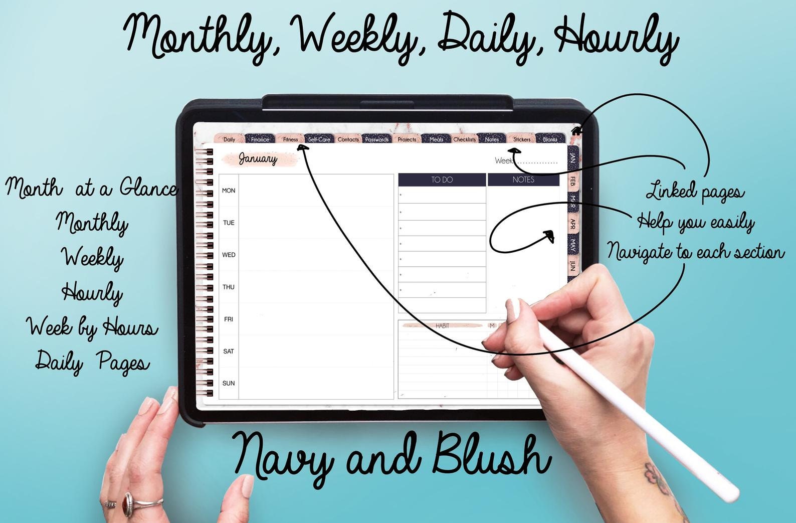 Navy and Rose Gold Digital Planner Undated Digital Planner | Etsy