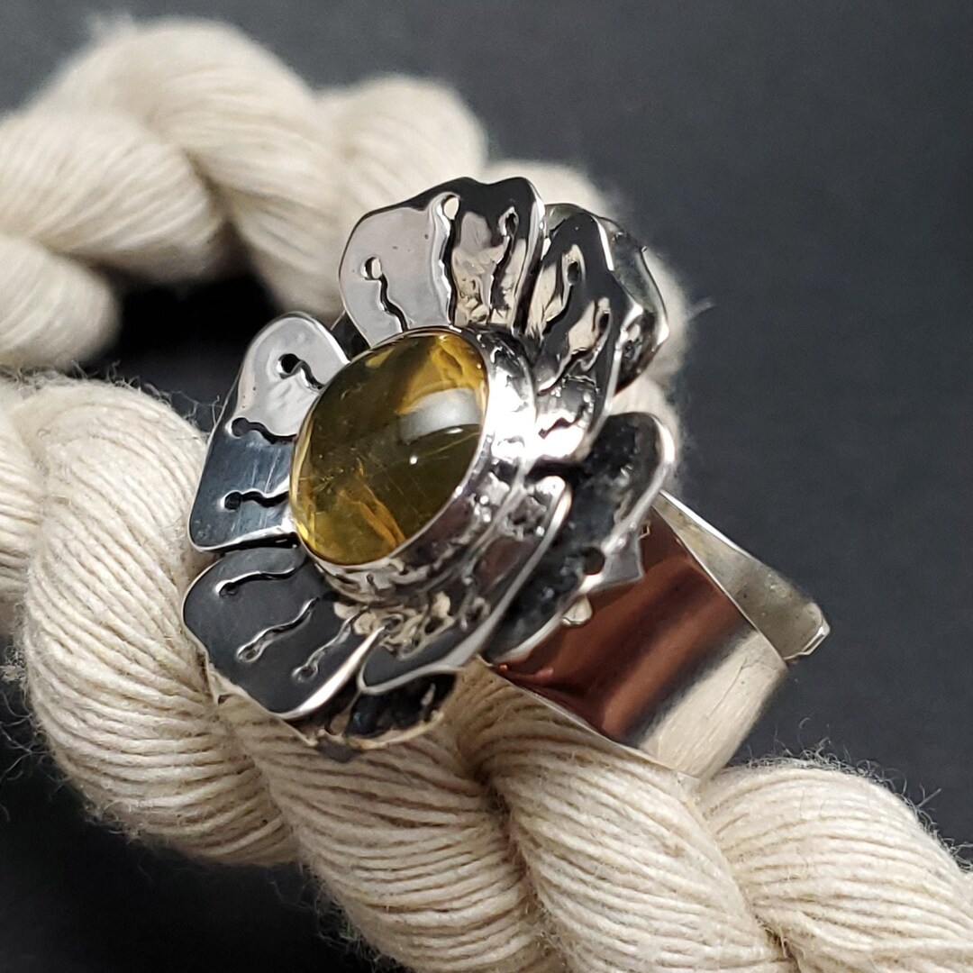 Flower Ring, 925 Sterling Silver, Handmade, Amber Ring, Adjustable Ring ...