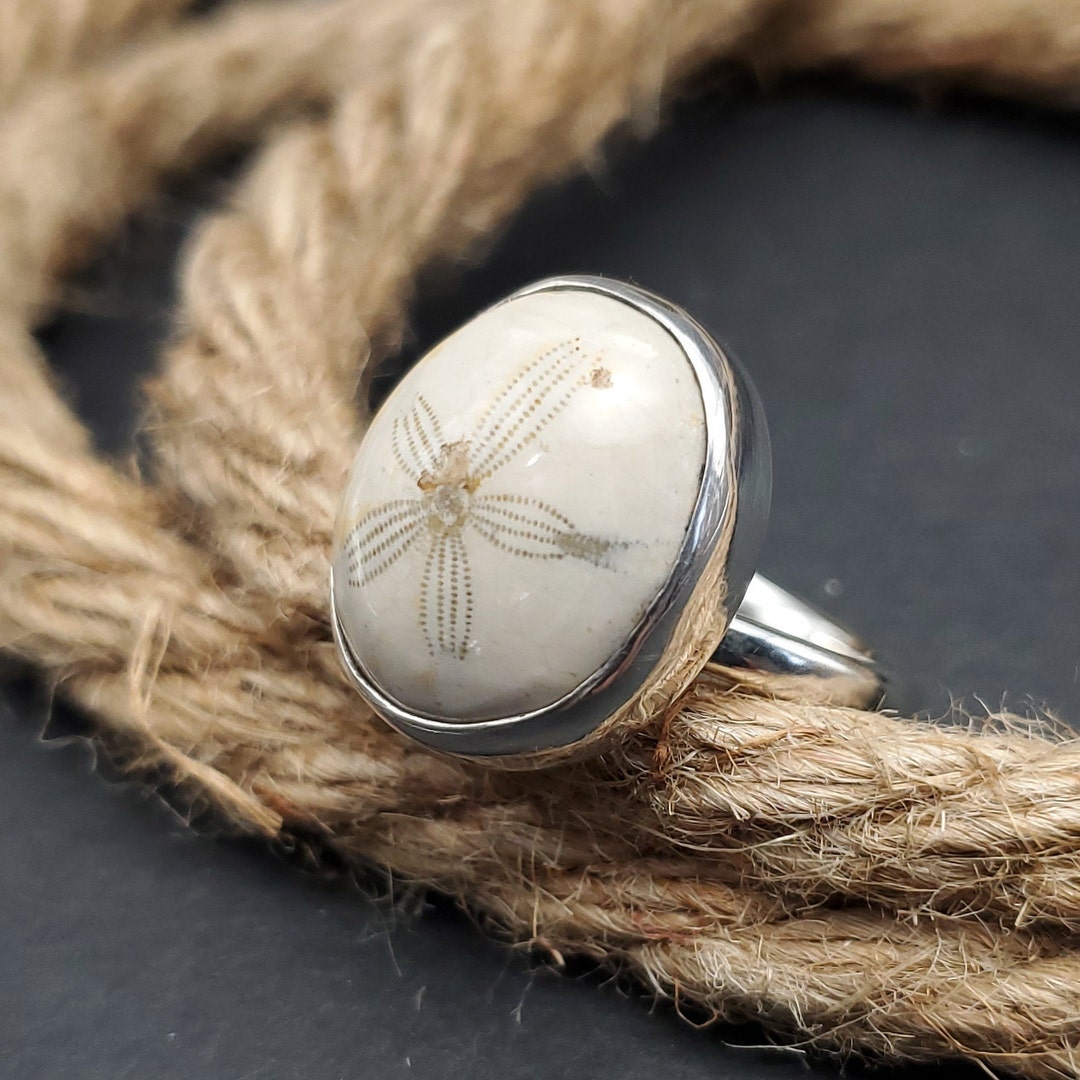 Sand Dollar Ring, 950 Sterling Silver, Handmade, Unisex Ring, Adjustable Ring, Fossilized Sand ...