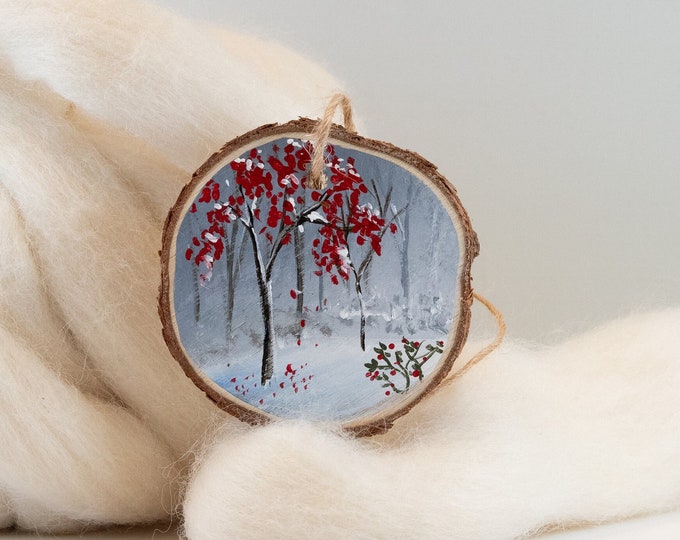 Red Forest Christmas Ornament Hand Painted Rustic Wood Slice Ornament ...