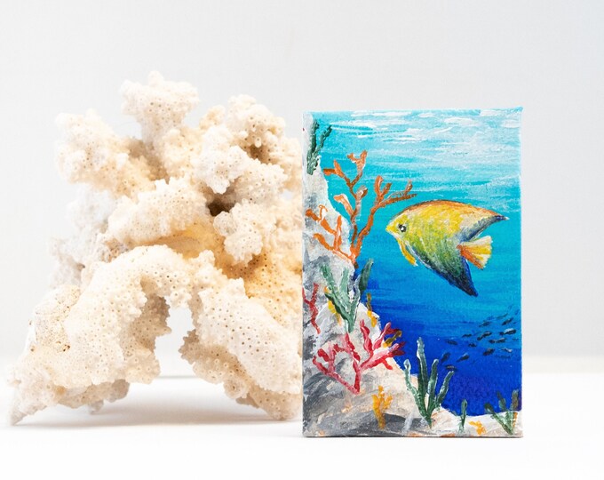 Queen Angelfish Original Small Painting, Angel Fish Tiny Canvas, Coral ...