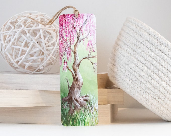 Cherry Blossom Bookmark Hand Painted, Wooden Bookmark Spring Landscape ...
