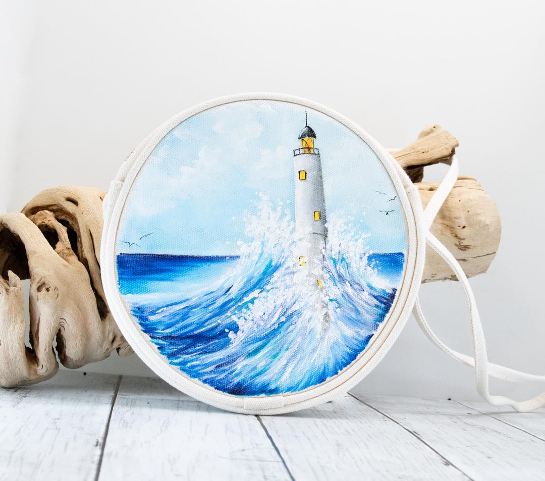 Hand Painted Round Crossbody Bag With Lighthouse and Waves, Ocean Light ...