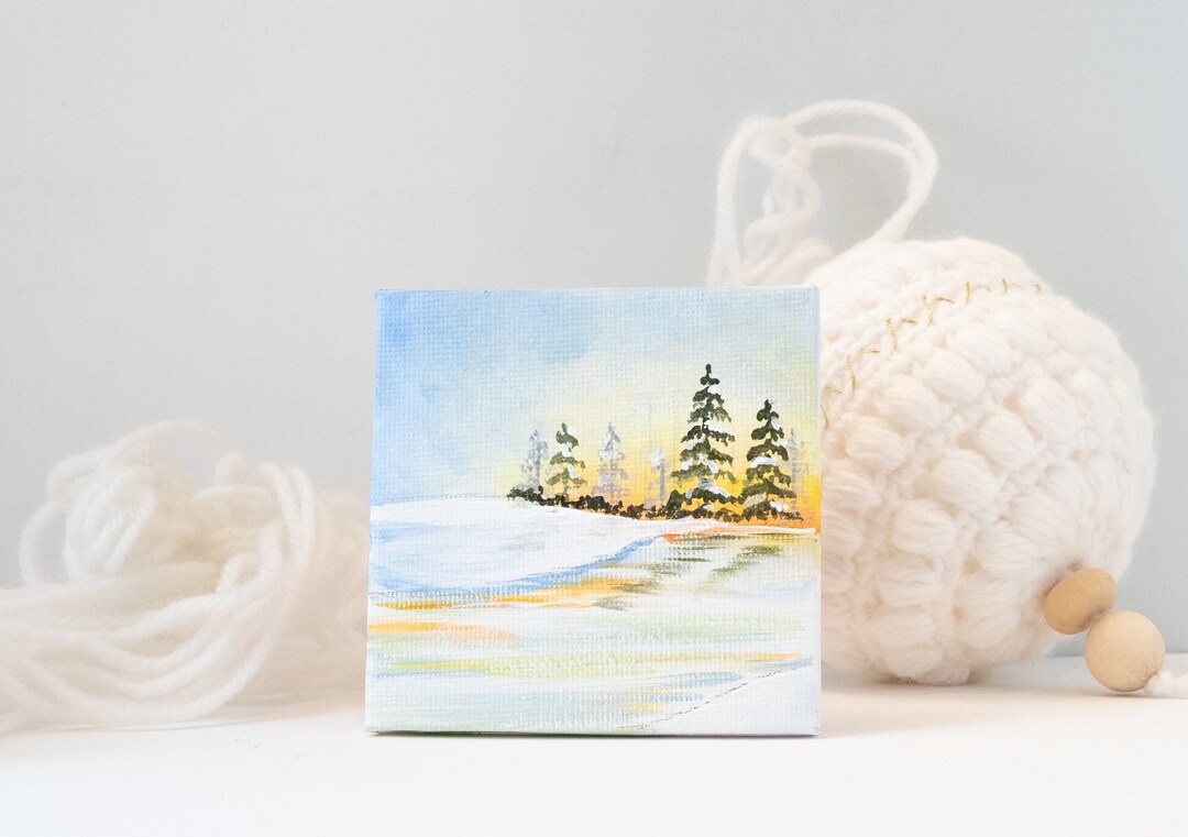 Winter Landscape Mini Canvas Painting, Pine Trees in Snow Small Artwork ...