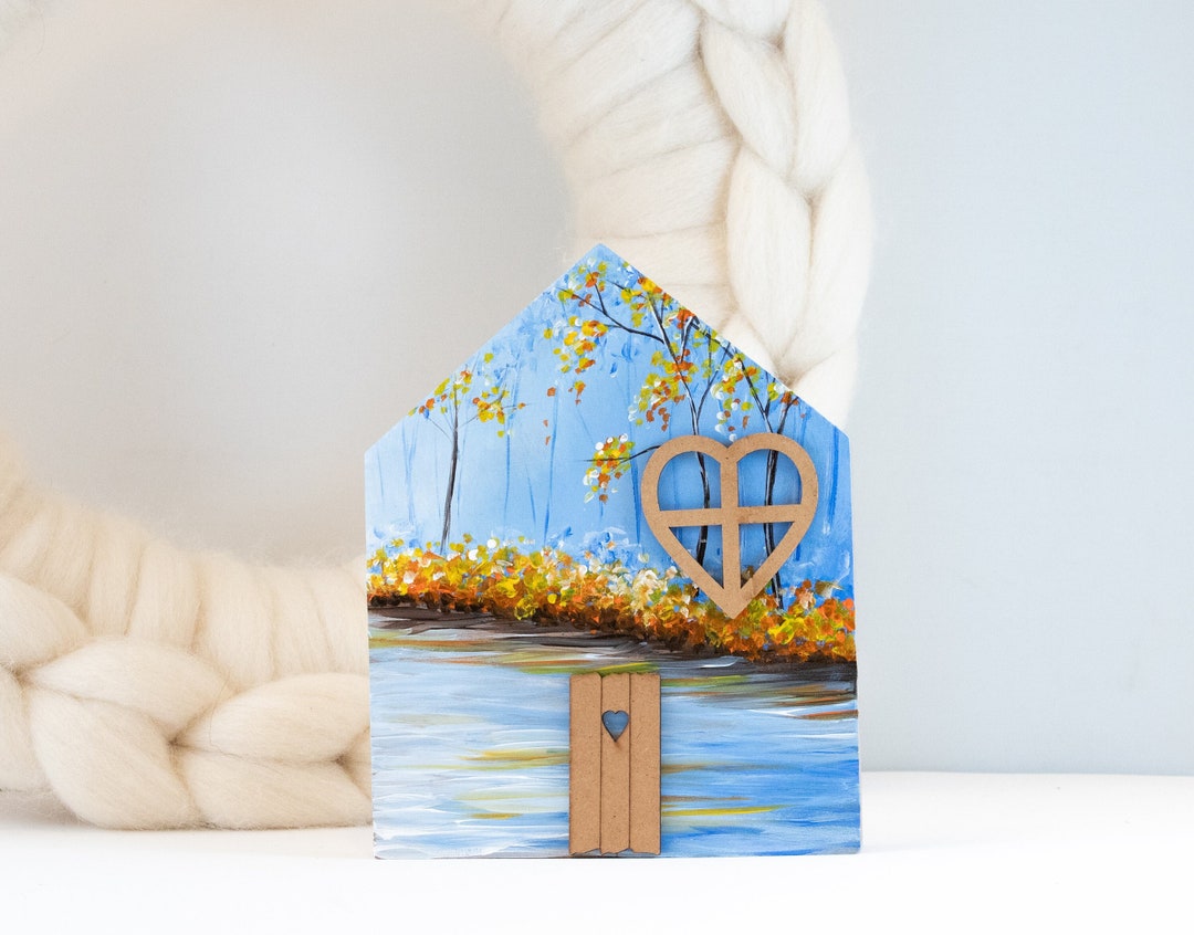 Hand Painted Wood House Fall Decor: Autumn Landscape Shelf Sitter - Etsy