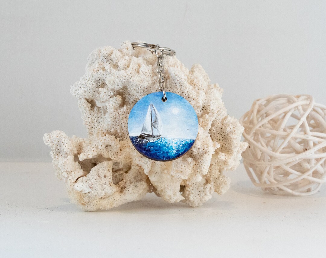 Sailboat Keychain Hand Painted, Wooden Keyring Ocean, Boat Key Holder ...