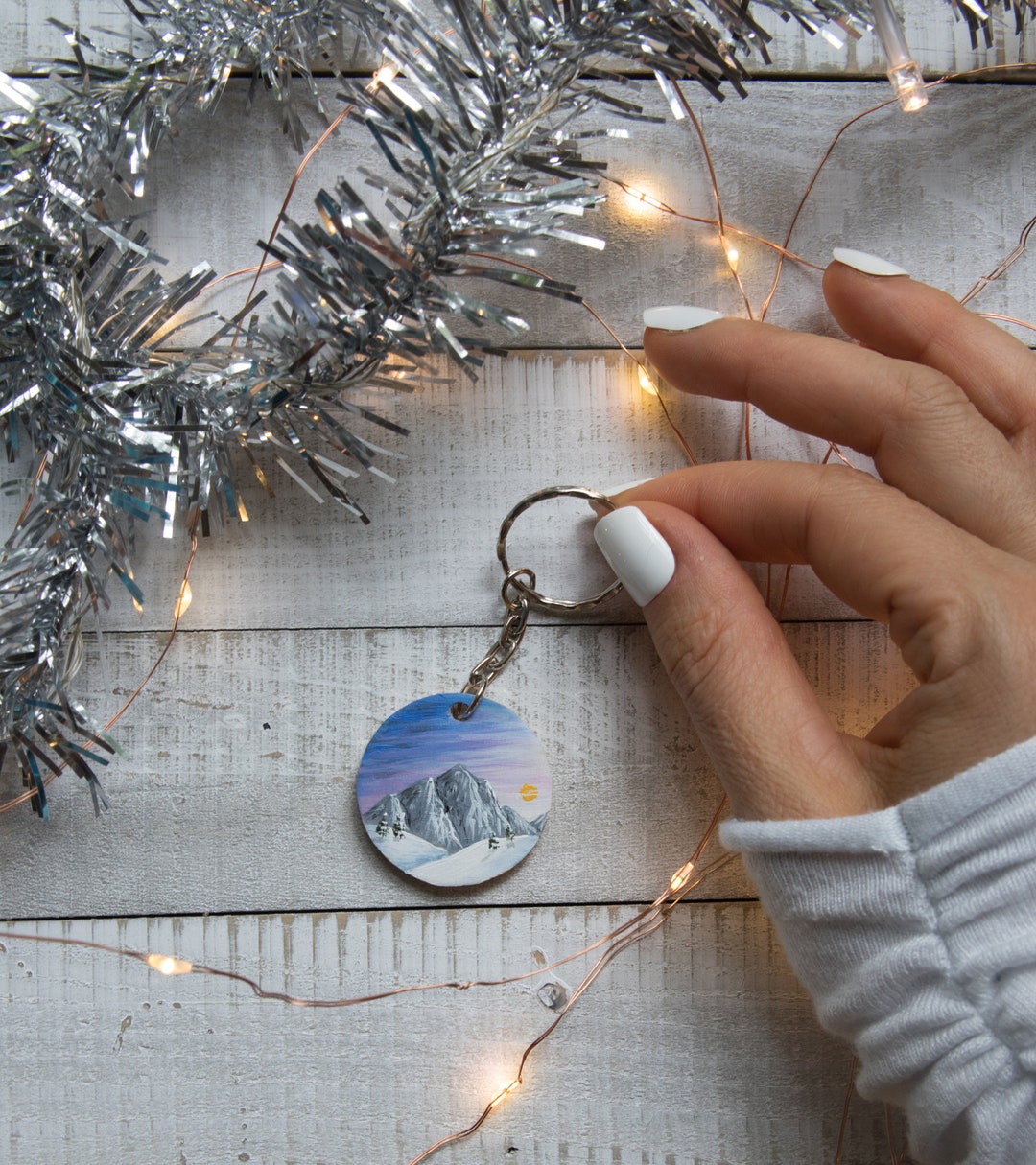 Winter Landscape Keychain, Hand Painted Mountain Keychain, Miniature ...