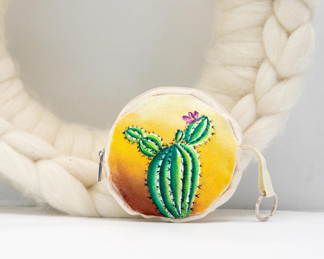 Hand Painted Cactus Coin Pouch: Small Round Canvas Purse - Etsy