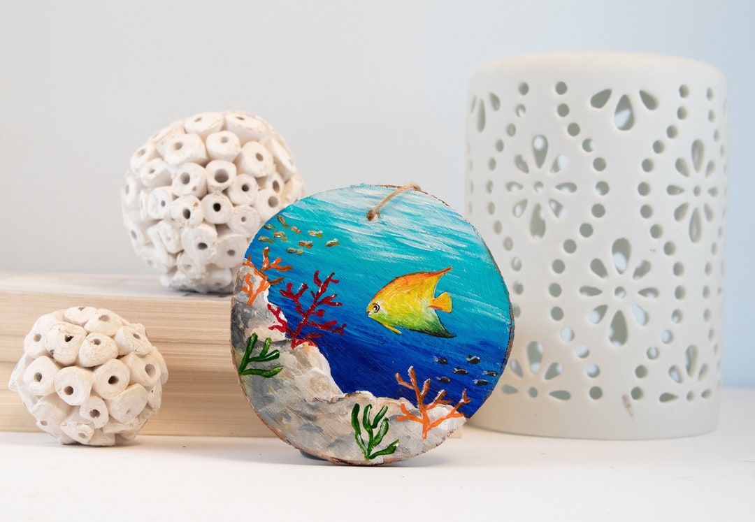 Coral Reef Fish Ornament Hand Painted, Wood Slice Ornament Underwater ...