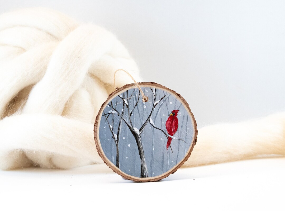 Cardinal Bird Christmas Tree Ornament, Rustic Wood Slice Ornament Hand ...