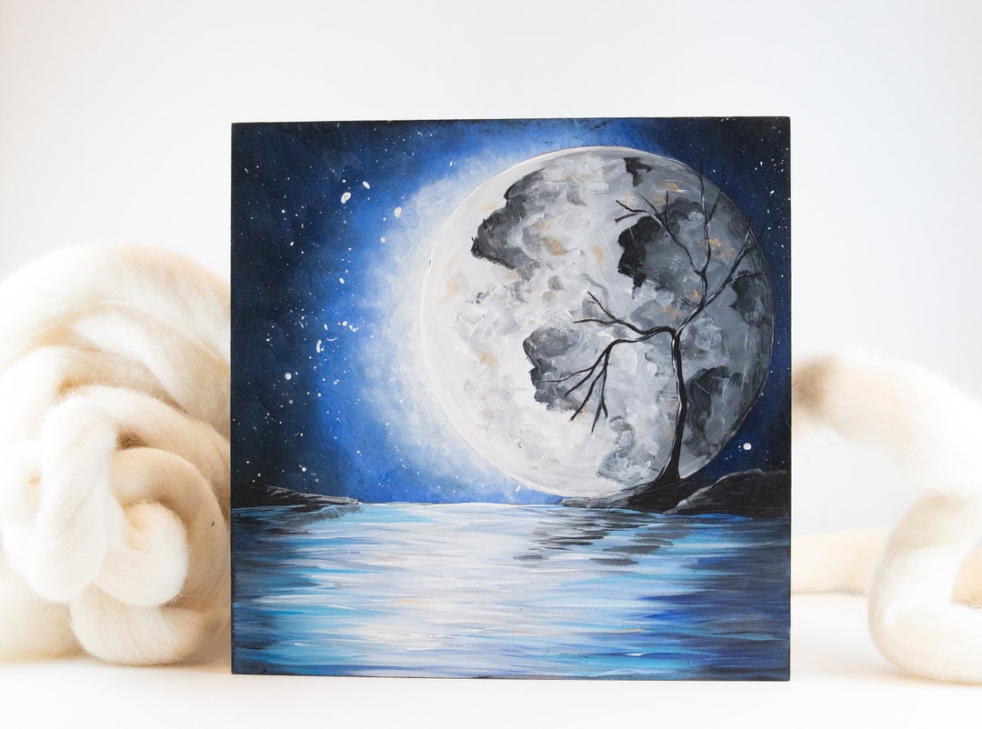 Full Moon Painting on Wood Block, Original Acrylic Night Sky Painting ...