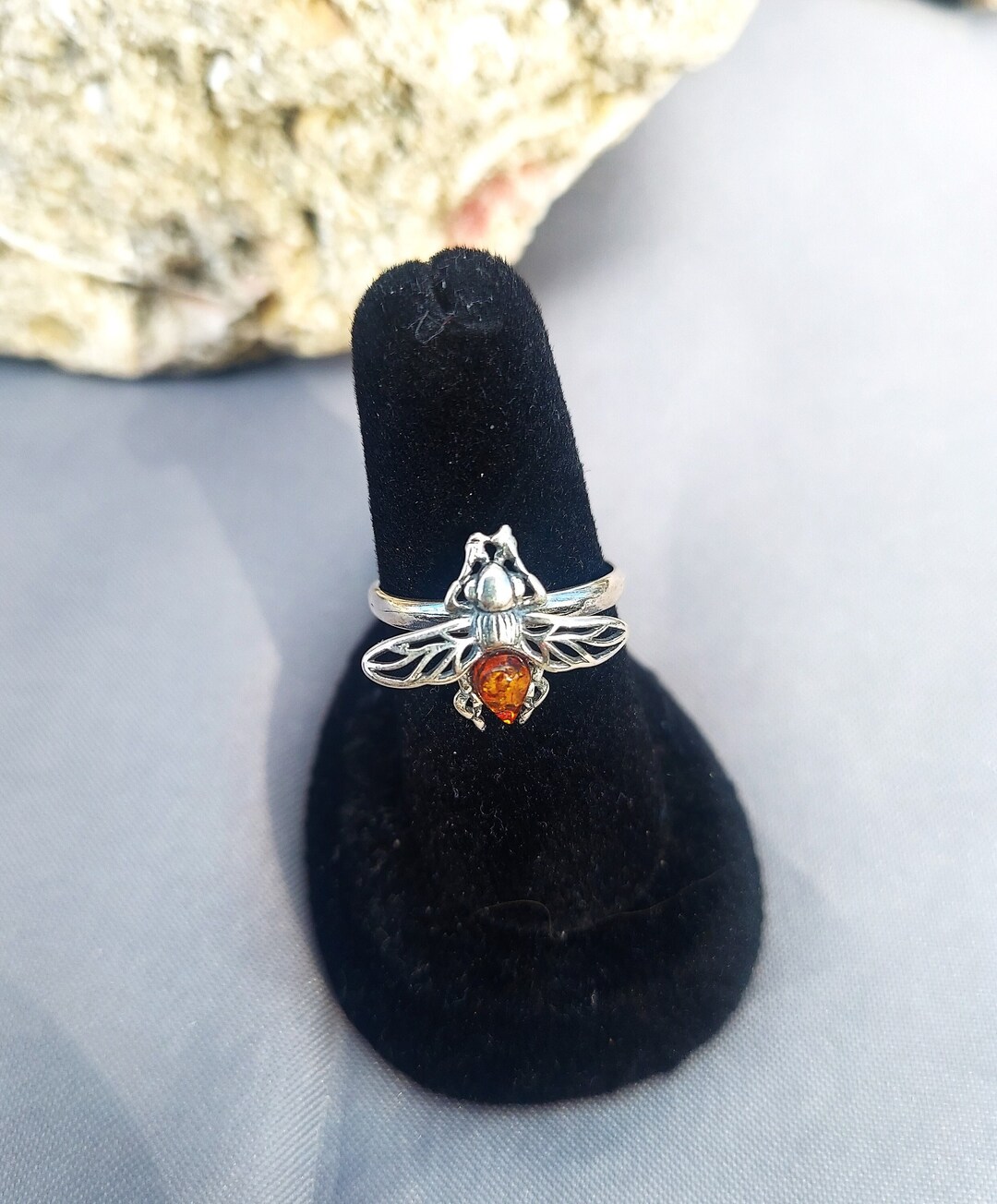 Handcrafted Genuine Baltic Cognac Amber Bee Ring in a 925 Sterling ...