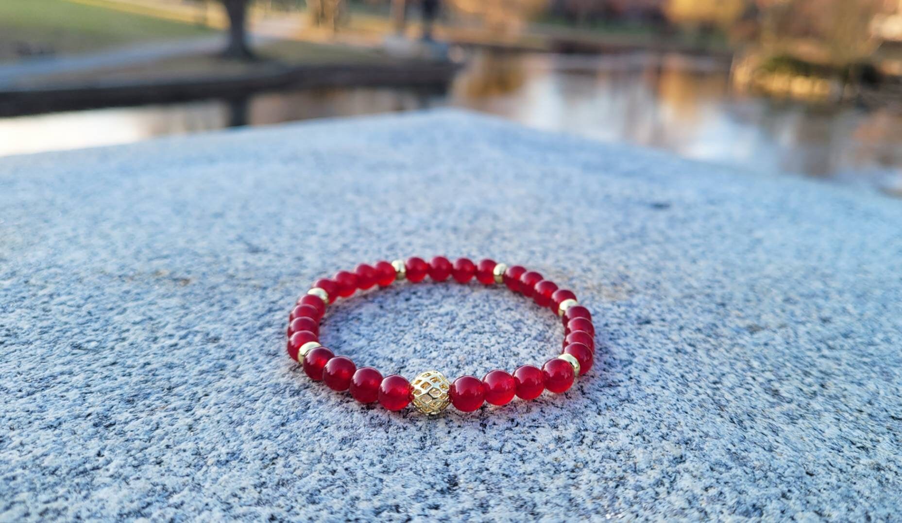 Red Gemstone Bracelet, Ruby Red Chalcedony Bracelet, Red and Gold ...