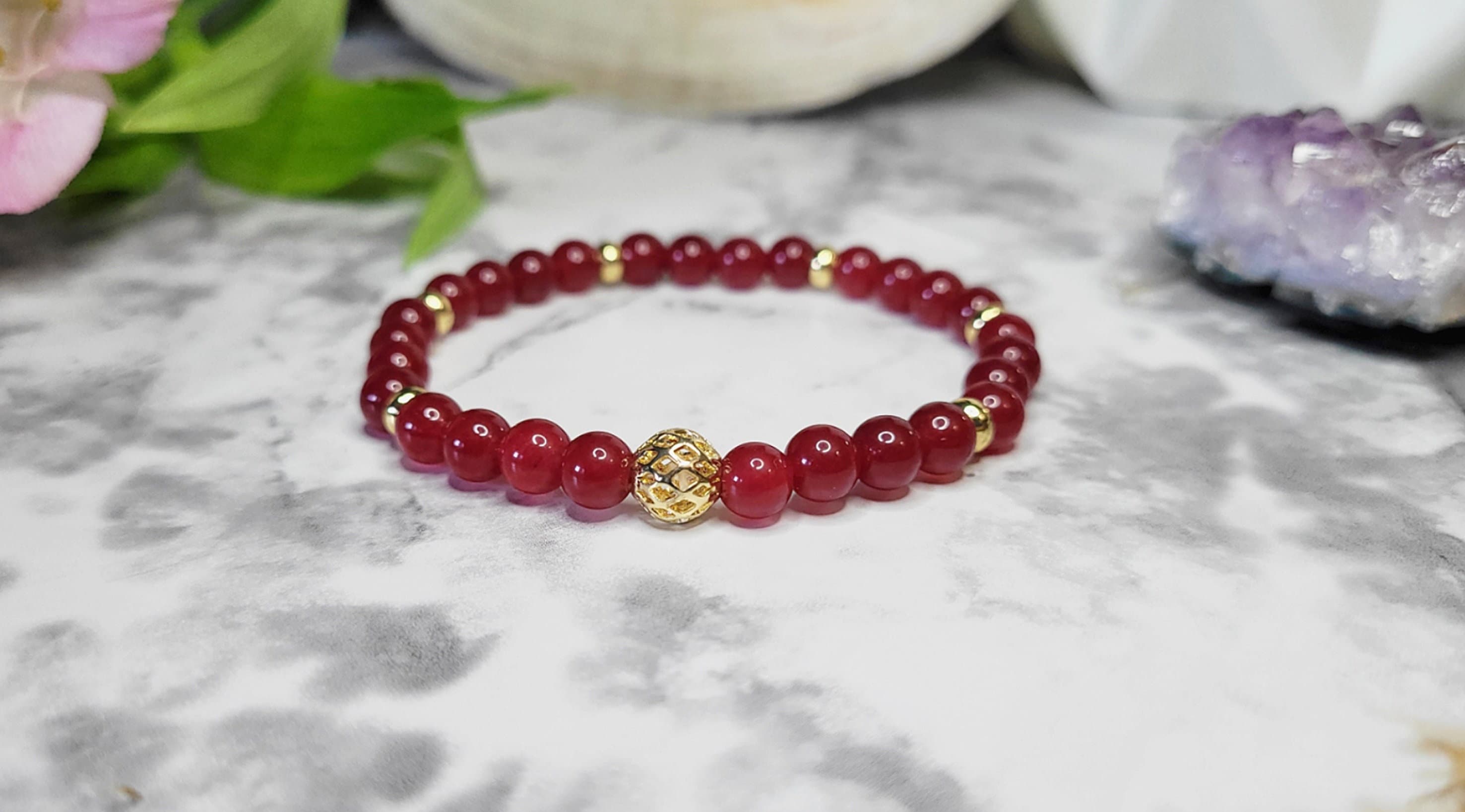Red Gemstone Bracelet, Ruby Red Chalcedony Bracelet, Red and Gold ...