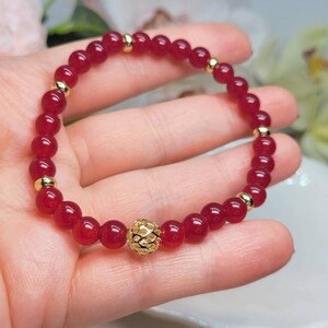 Red Gemstone Bracelet, Ruby Red Chalcedony Bracelet, Red and Gold ...
