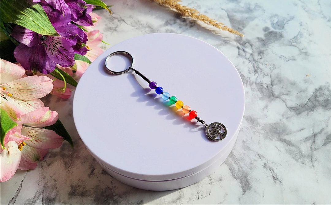 7 Chakra GEMSTONE KEYCHAIN, Tree of Life Charm, Multicolor Crystal Key ...