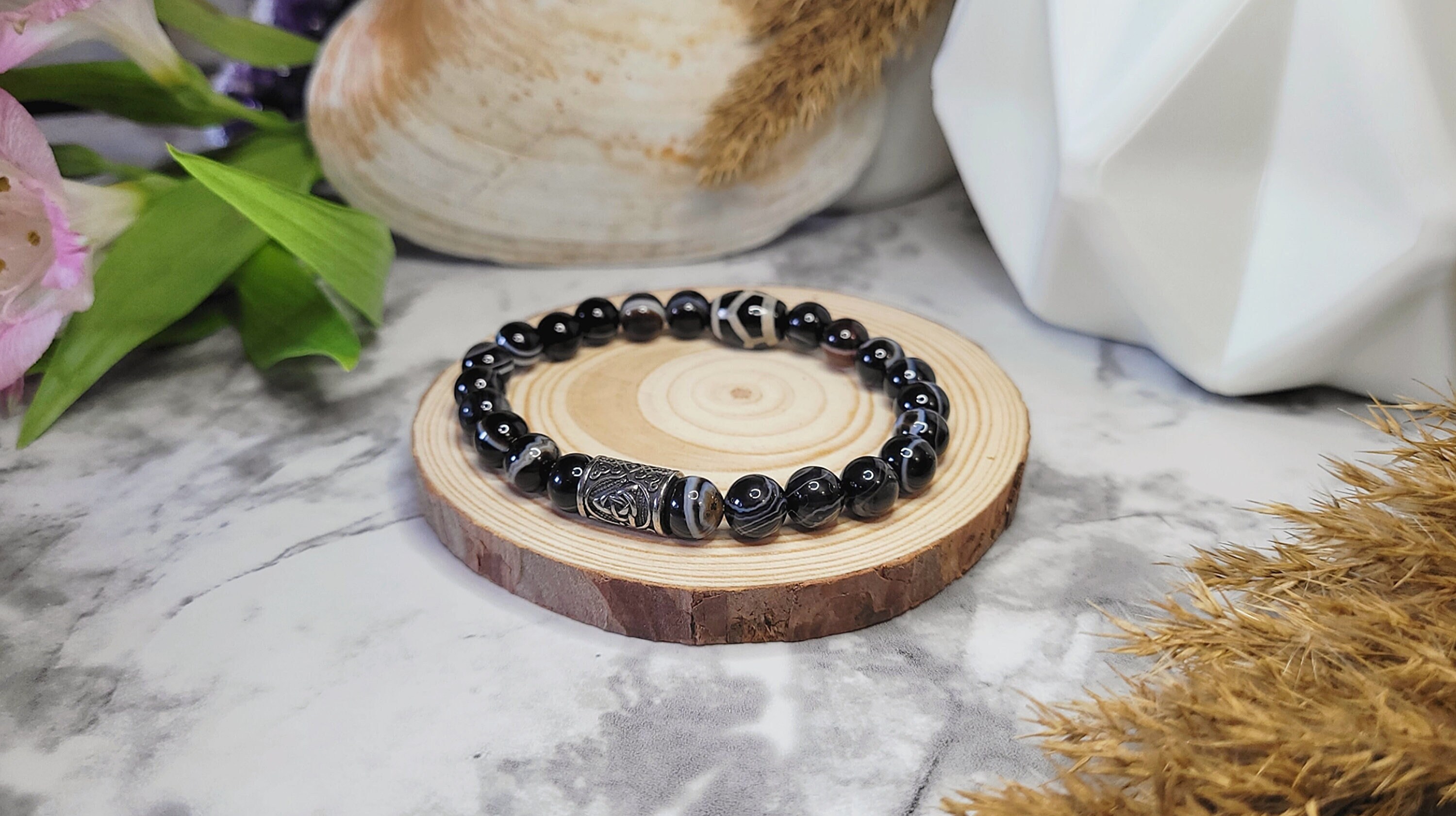Trinity Celtic Knot Men Bracelet, Dzi Turtle Black Beaded Bracelet Men ...