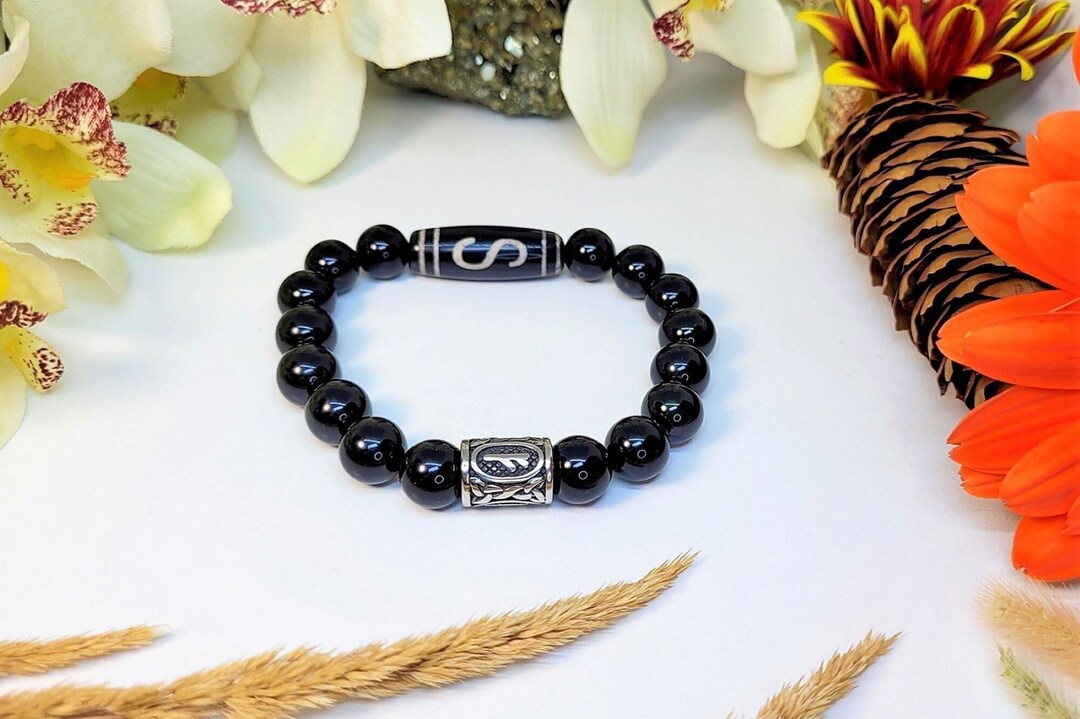Tibetan Dzi S Money Hook Feng Shui Bracelet, Black Onyx & Rune Fehu ...