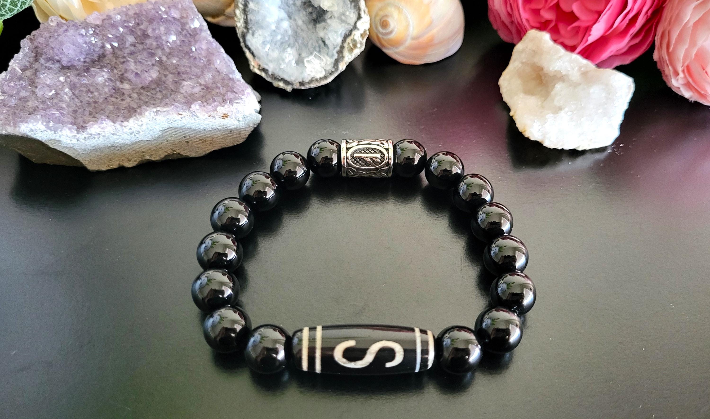 Tibetan Dzi S Money Hook Feng Shui Bracelet, Black Onyx & Rune Fehu ...
