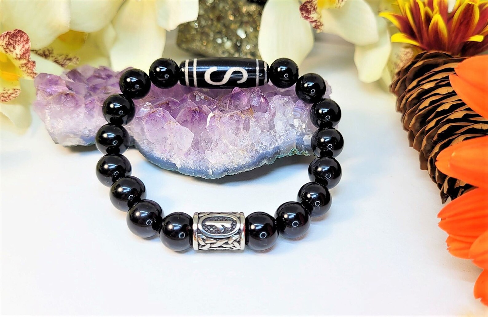 Tibetan Dzi S Money Hook Feng Shui Bracelet, Black Onyx & Rune Fehu ...