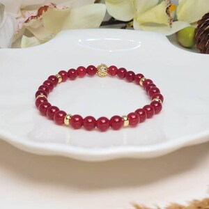 Red Gemstone Bracelet, Ruby Red Chalcedony Bracelet, Red and Gold ...
