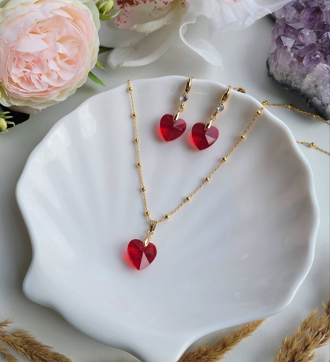 Lovely Red Heart Jewelry Set, Red Heart Earrings and Necklace, Heart ...