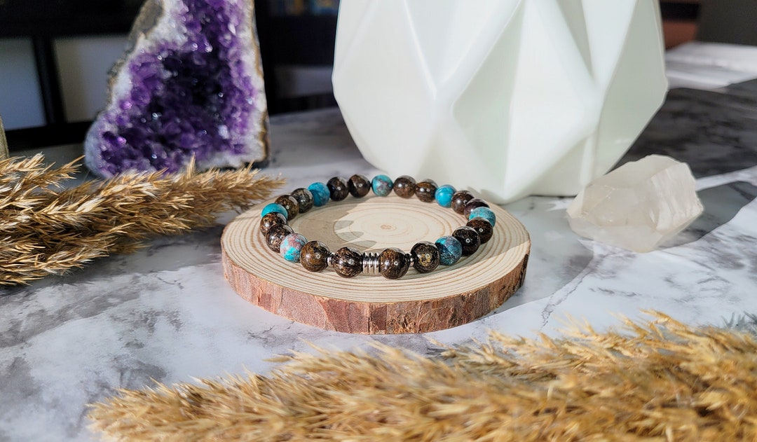 Gemstone Men's Bracelet, Bronzite Brecciated Jasper, Boho Blue and ...