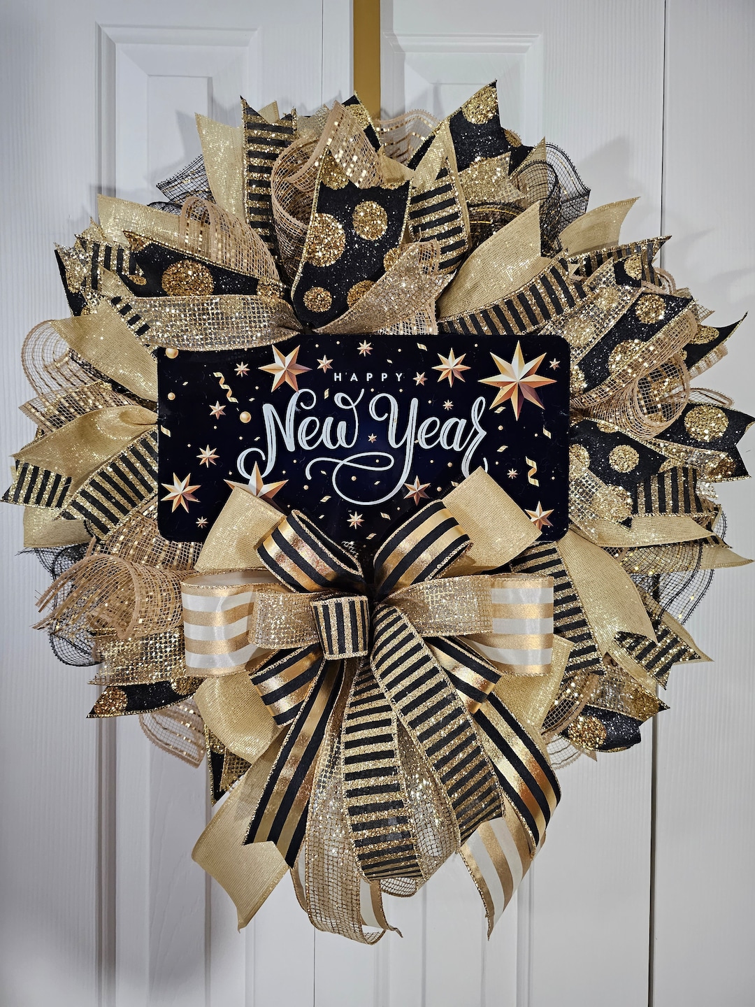 New Years Wreath, Happy New Year, New Year Front Door Wreath, Black and ...