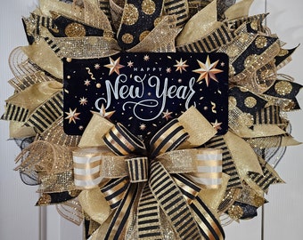 Happy New Year Deco Mesh Wreath/gold and Black Wreath/celebration ...
