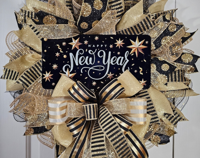 New Years Wreath, Happy New Year, New Year Front Door Wreath, Black and ...