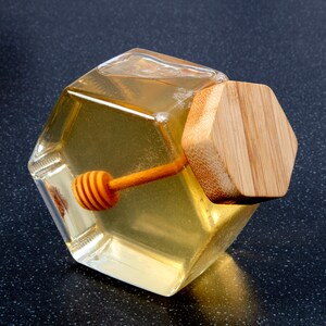 X3 Luxury Hexagonal Glass Honey Jar Bamboo & Cork Lid With Dipper cap ...