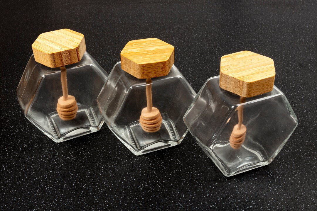 X3 Luxury Hexagonal Glass Honey Jar Bamboo & Cork Lid With Dipper cap ...
