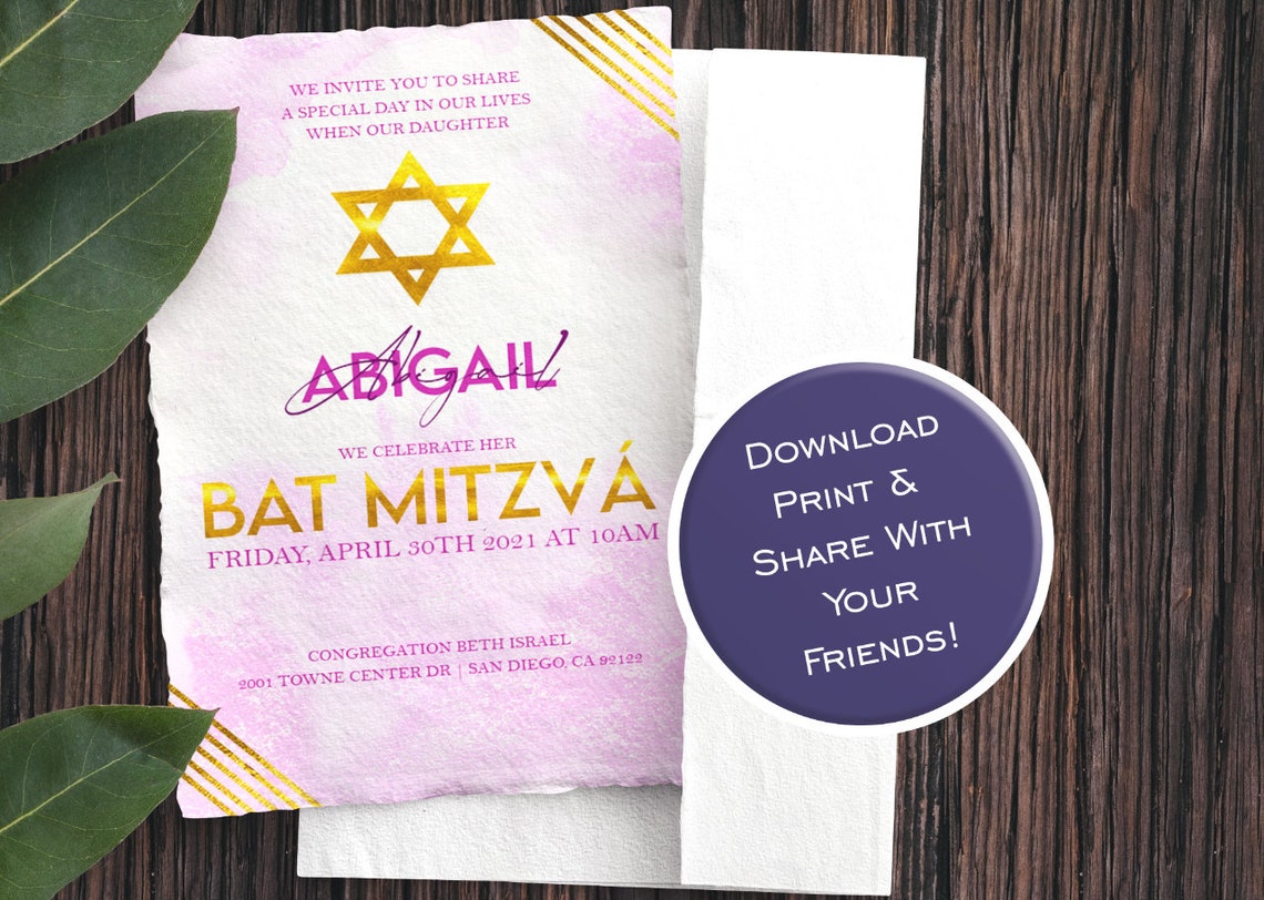 Bat Mitzvah Digital Invitation Card Personalized Bat Mitzvah | Etsy