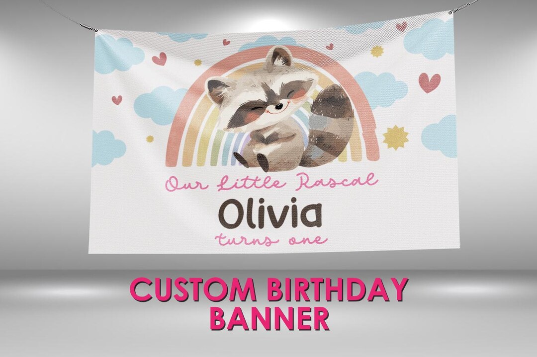 Little Rascal Birthday Banner, Raccoon Party Decoration Vinyl Banner ...