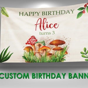 Mushroom Birthday Banner, Mushroom Party Decor, Mushroom Birthday Party ...