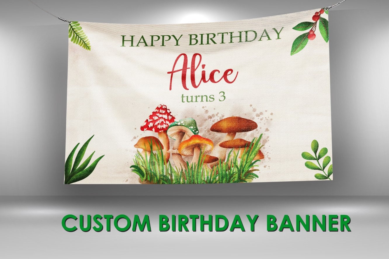 Mushroom Birthday Banner, Mushroom Party Decor, Mushroom Birthday Party ...