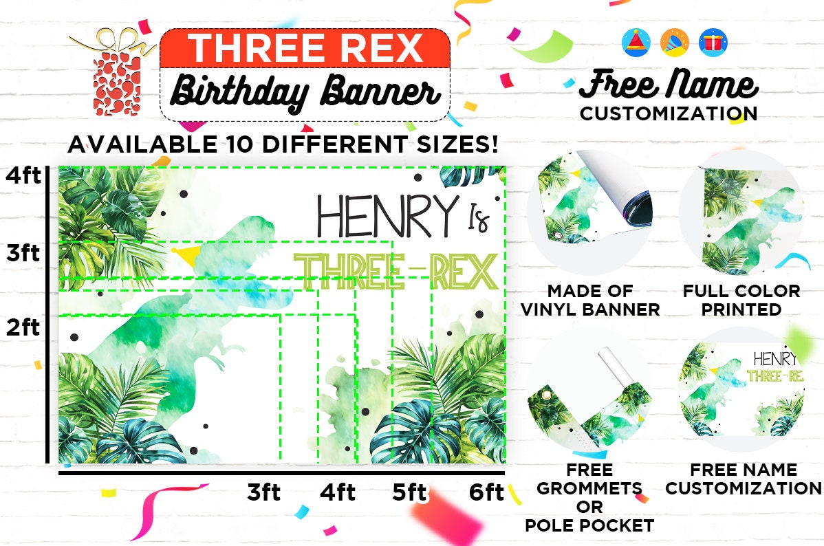 Three Rex Birthday Banner, Dinosaur 3rex Birthday Vinyl Banner, Three ...