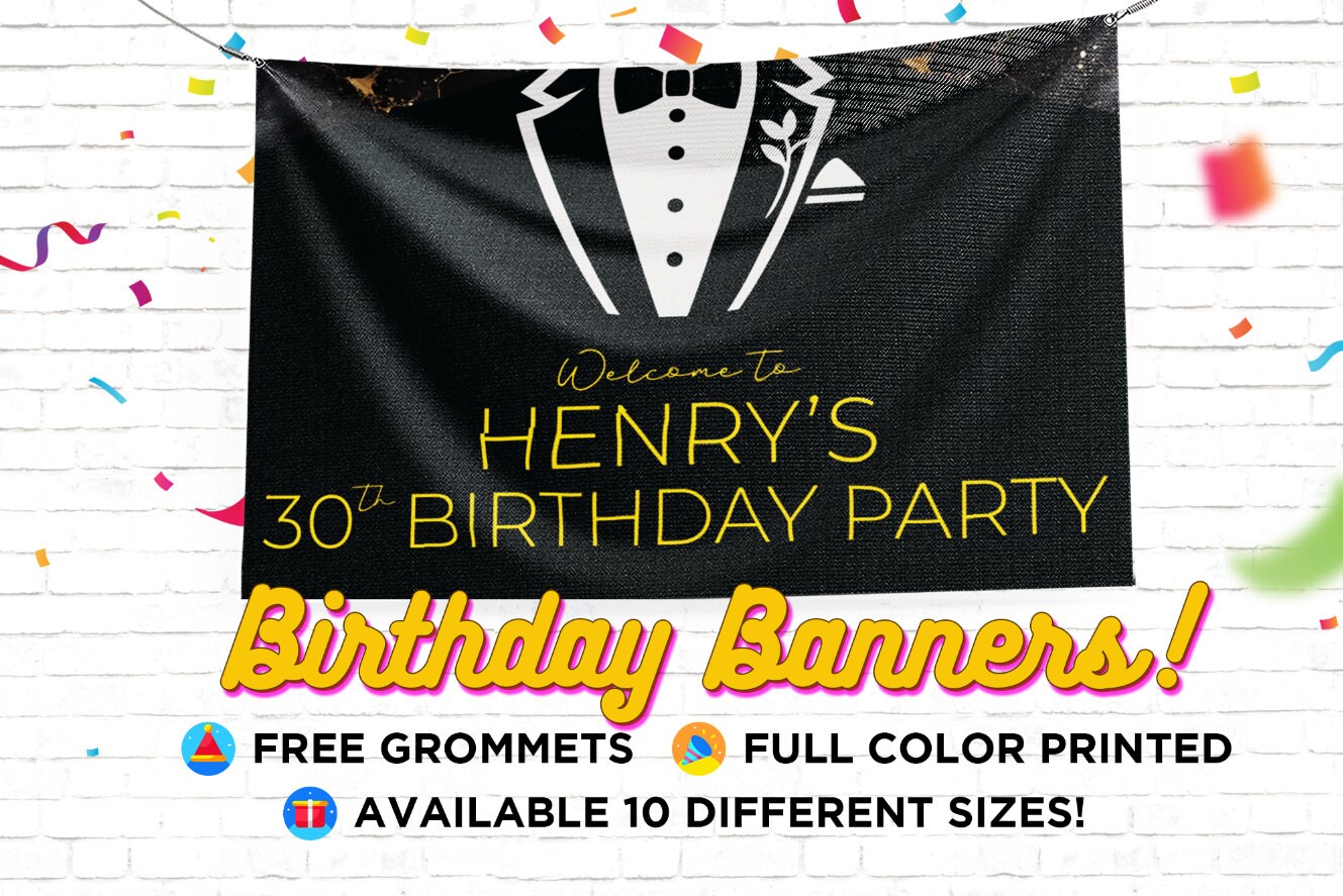 Tuxedo Birthday Banner, Suit Birthday Sign Black and Gold Decorations ...