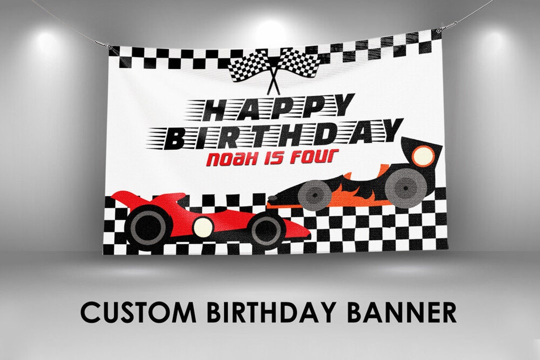 Race Car Birthday Vinyl Banner Party Decorations, Racing Birthday Name ...