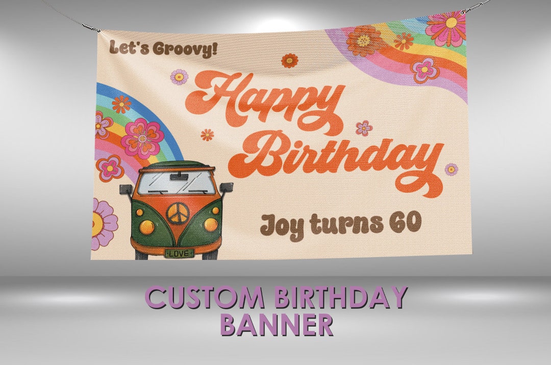 Hippie Retro Birthday Banner Printed in Full Color, Groovy Birthday ...