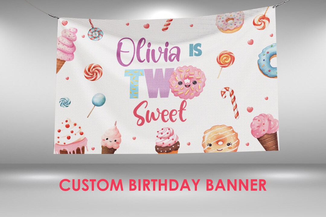 Two Sweet Birthday Banner, Donut and Ice Cream Birthday Hanging Vinyl ...
