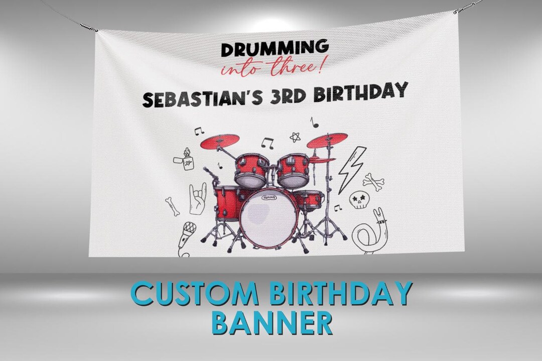 Drums Birthday Banner, Drums Music Party Decor, Rock N Roll Party Vinyl ...