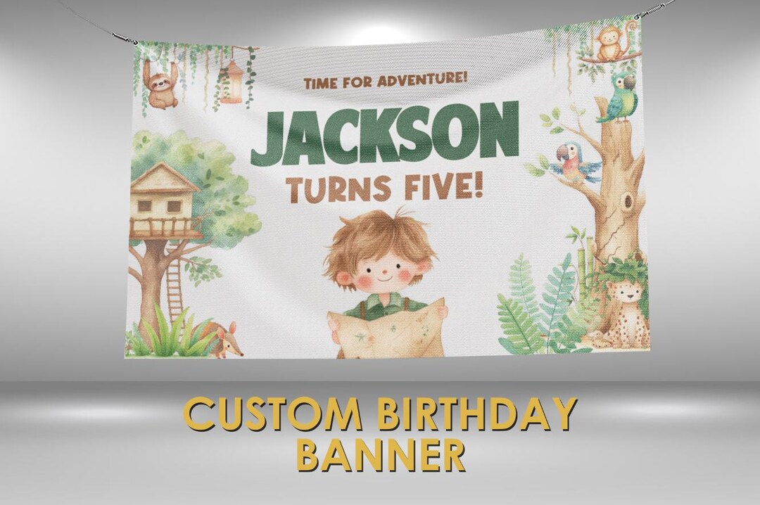 Explorer Adventure Birthday Banner, Jungle Safari Party Decor, Kids ...