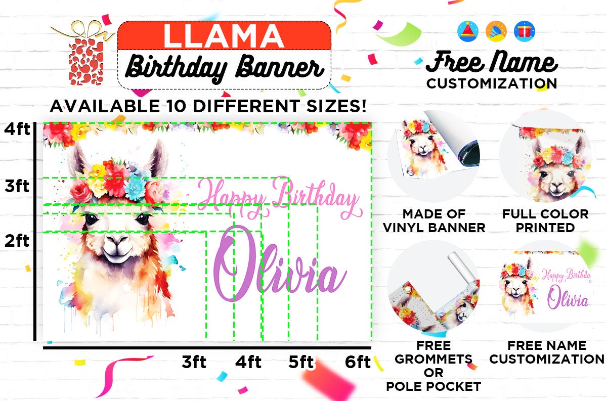 Llama Happy Birthday Banner, Backdrop Party Decor, Custom Vinyl Banner ...