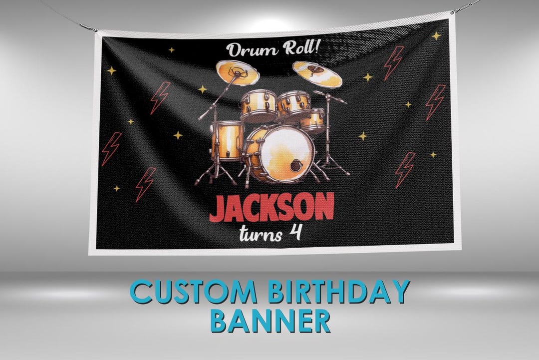 Drums Birthday Banner, Drums Music Party Decor, Rock N Roll Party Vinyl ...