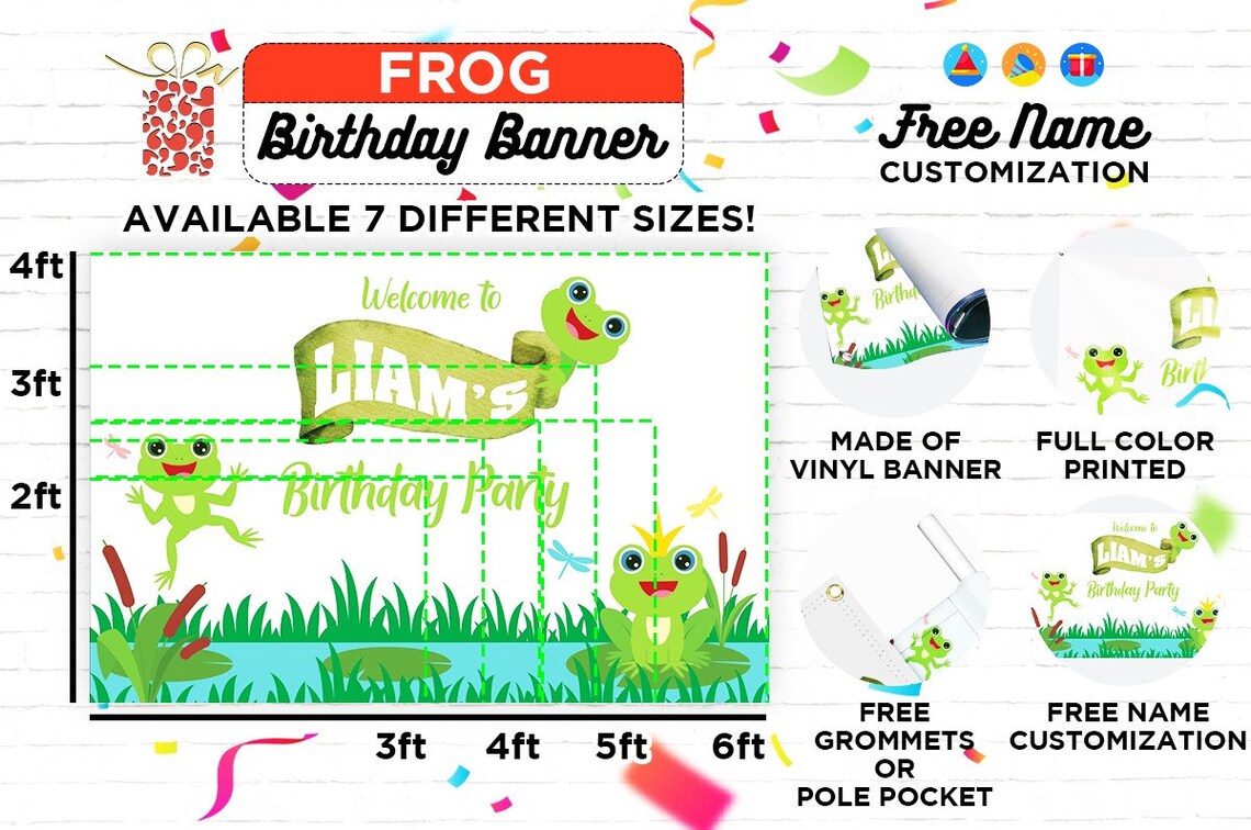 Frog Birthday Banner, Frog Party Birthday Vinyl Banner, Frog Custom ...